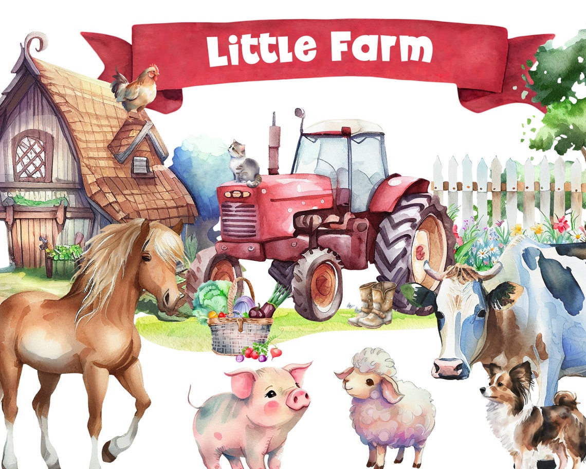 Watercolor Farm Clipart - Farmhouse, Cute Farm Clip Art, Nursery Farm ...