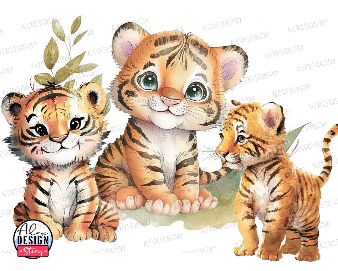 Watercolor Baby Tiger Clipart - Cute Baby Animal, Tiger Cubs, Cute ...