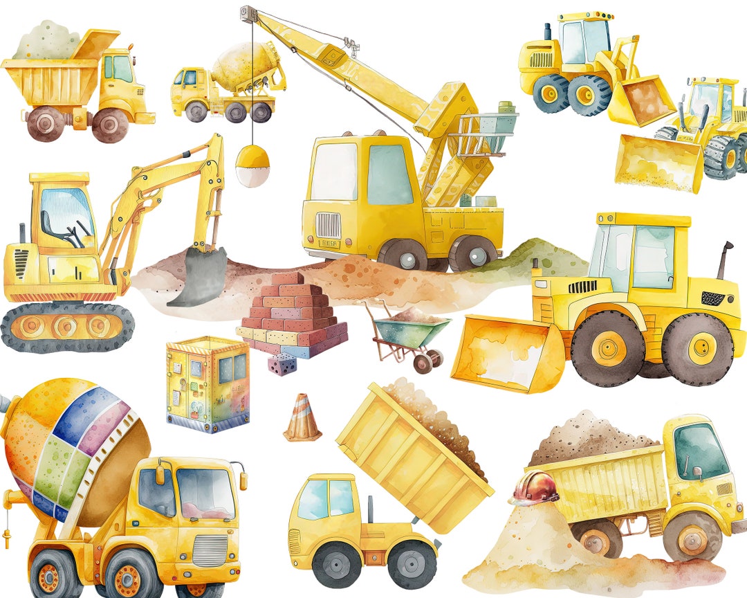 Watercolor Construction Vehicles Dump Truck Crane Clipart Digger ...