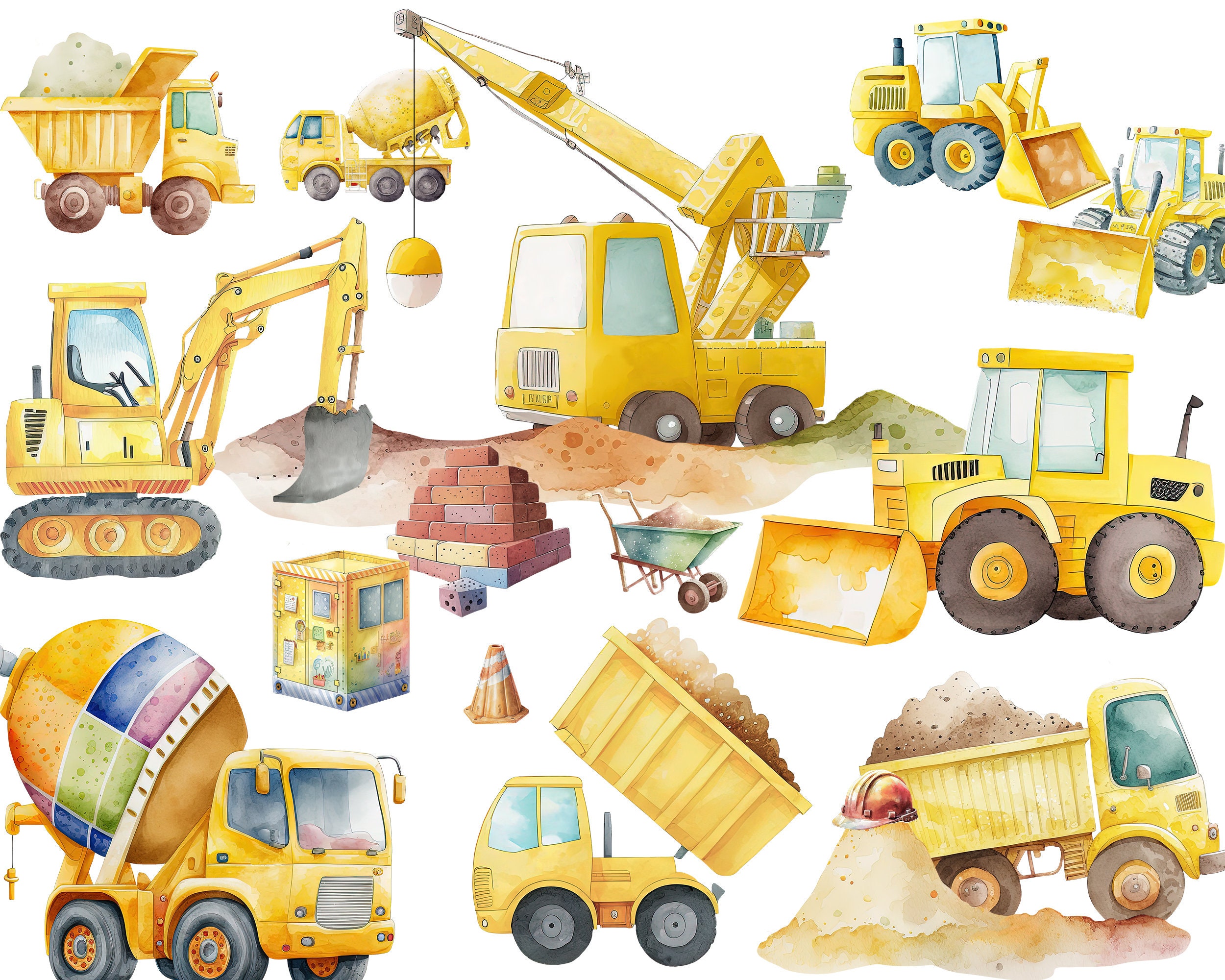 Watercolor Construction Vehicles Dump Truck Crane Clipart Digger ...