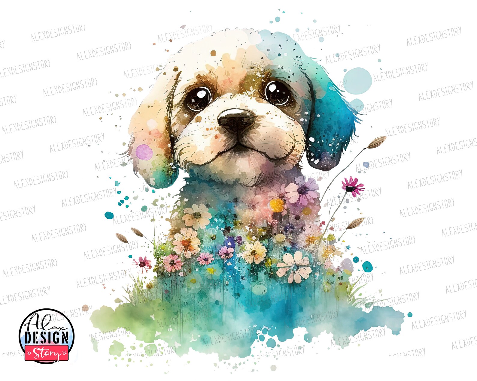 Watercolor Puppy Clipart Cute Dog With Flowers, Puppy Flowers, Dog ...