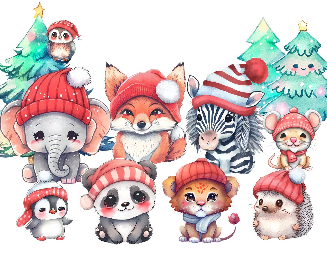 Cute Christmas Animals PNG Watercolor Christmas Clipart, Cartoon ...