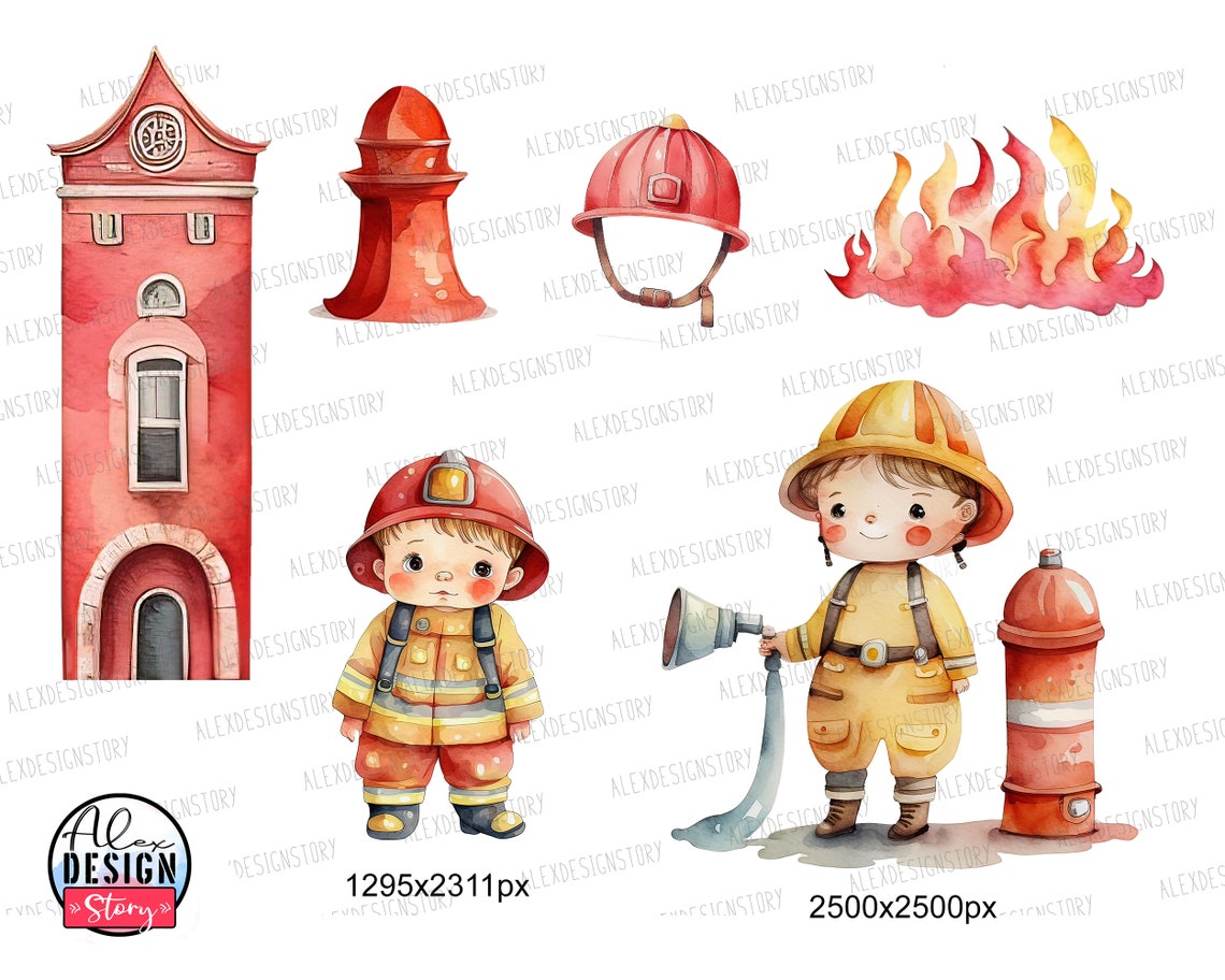 Firefighter Watercolor Clipart - Fireman Clipart, Firetruck Birthday ...