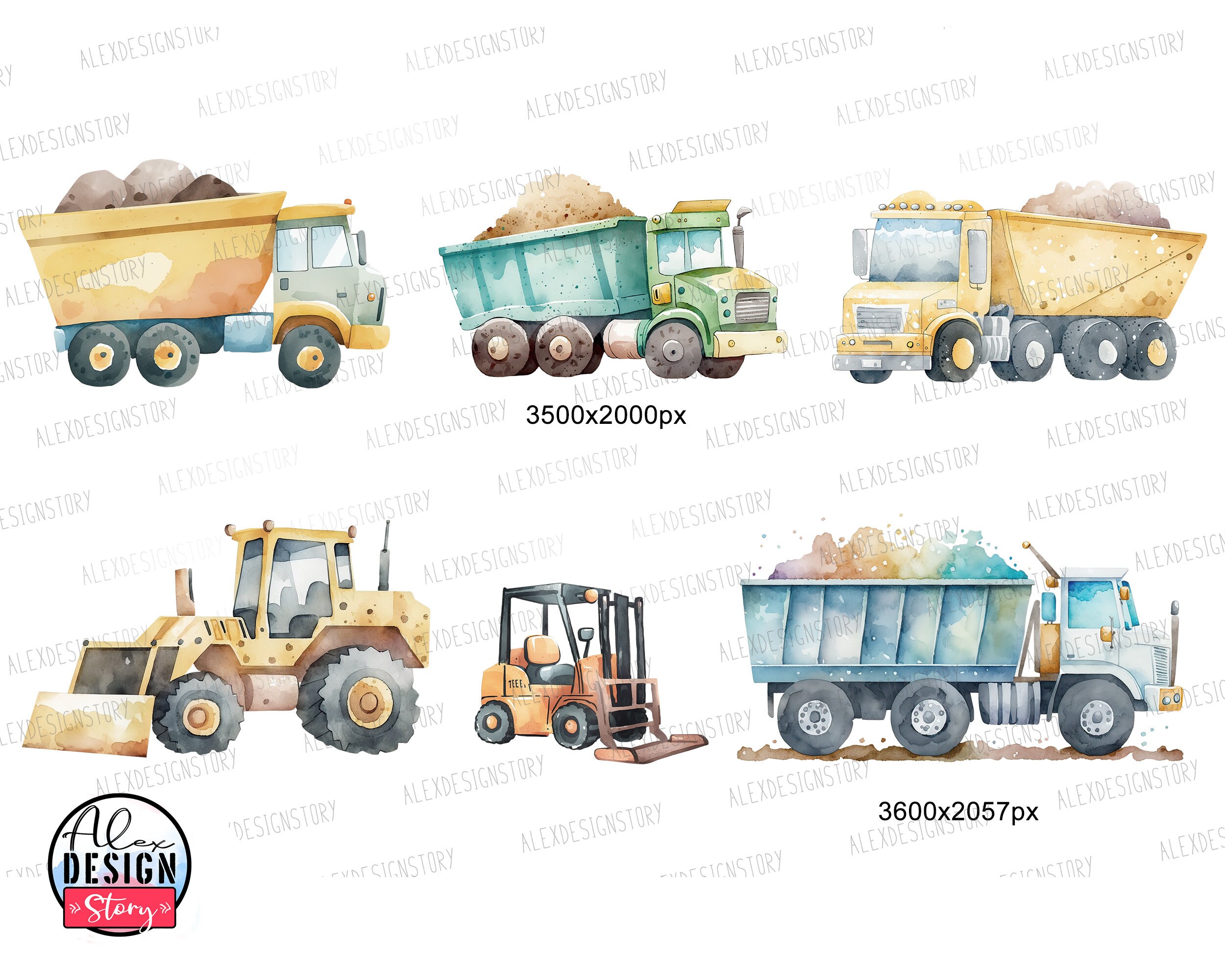 Watercolor Construction Vehicles Dump Truck Crane Clipart - Etsy
