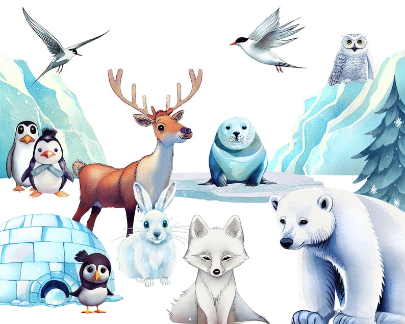 Arctic Animal Clipart - Nordic Animals, Watercolor Winter Animals ...