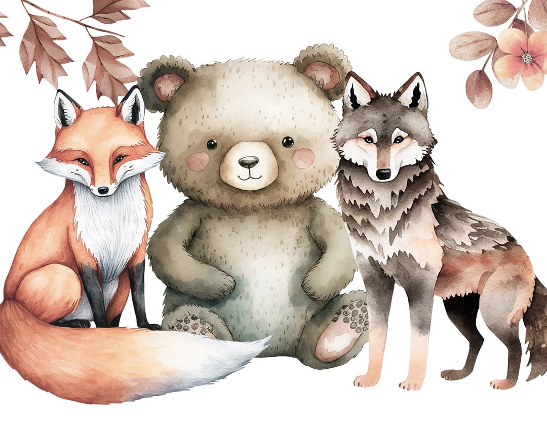 Watercolor Woodland Animals Clipart - Cute Teddy Bear PNG, Forest Fox ...