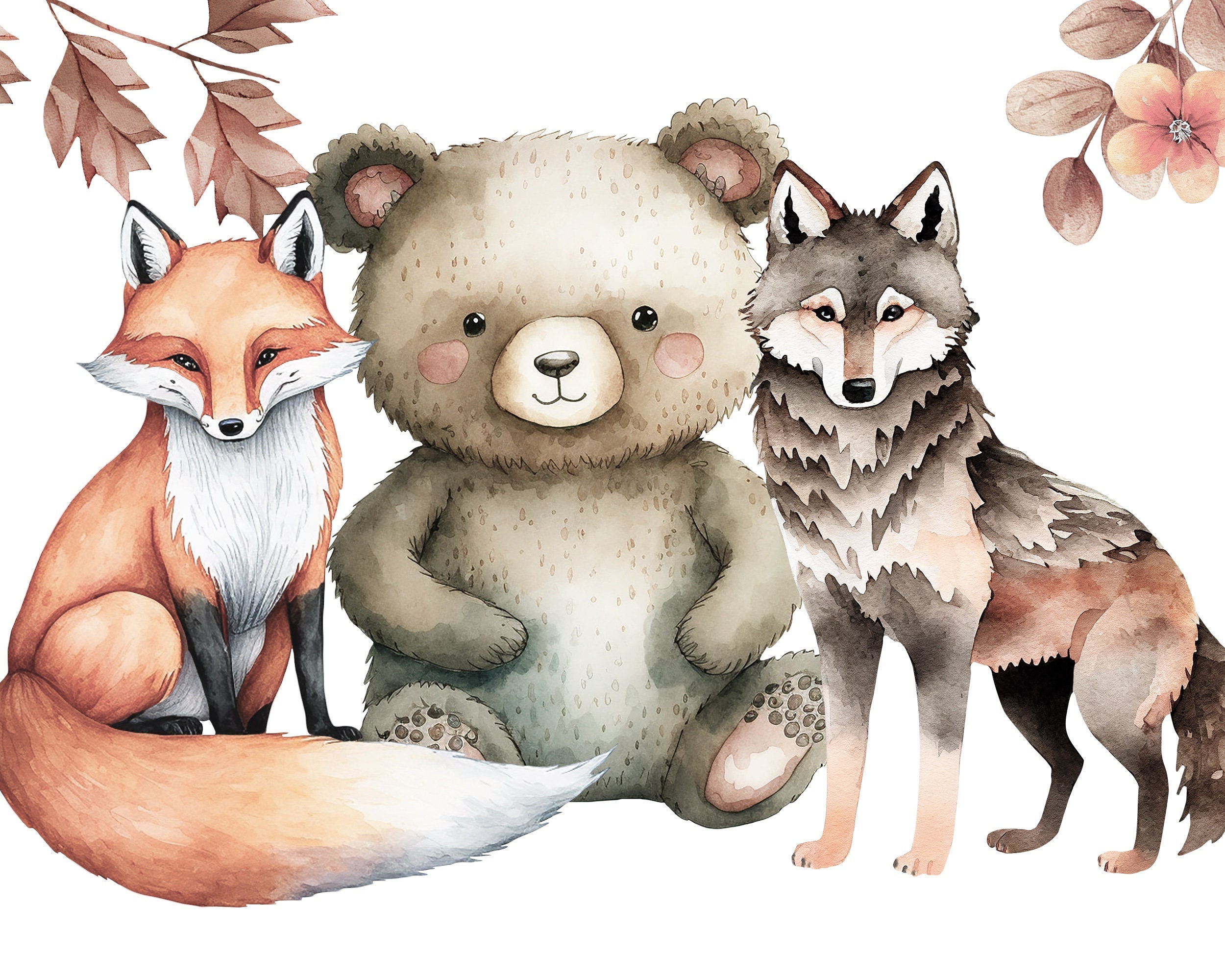 Watercolor Woodland Animals Clipart - Cute Teddy Bear PNG, Forest Fox ...