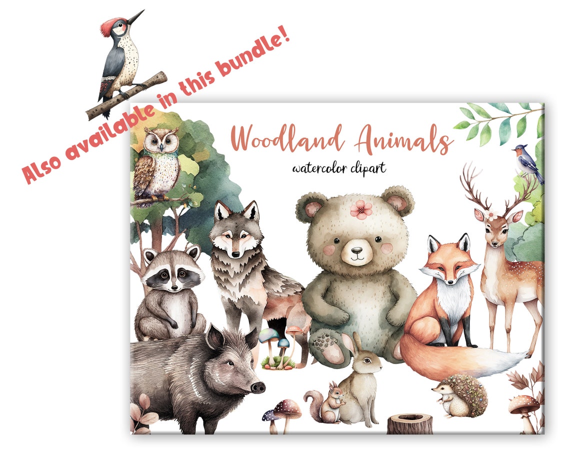 Watercolor Woodland Animals Clipart - Cute Teddy Bear PNG, Forest Fox ...