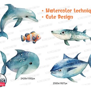 Watercolor Sea Animals Nursery Marine Life Clipart PNG Sealife Clipart ...