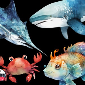 Watercolor Sea Animals Nursery Marine Life Clipart PNG Sealife Clipart ...