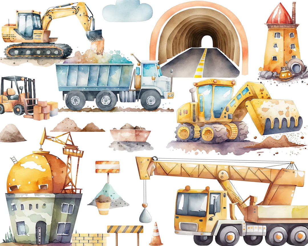 Watercolor Construction Vehicles Dump Truck Crane Clipart Digger ...