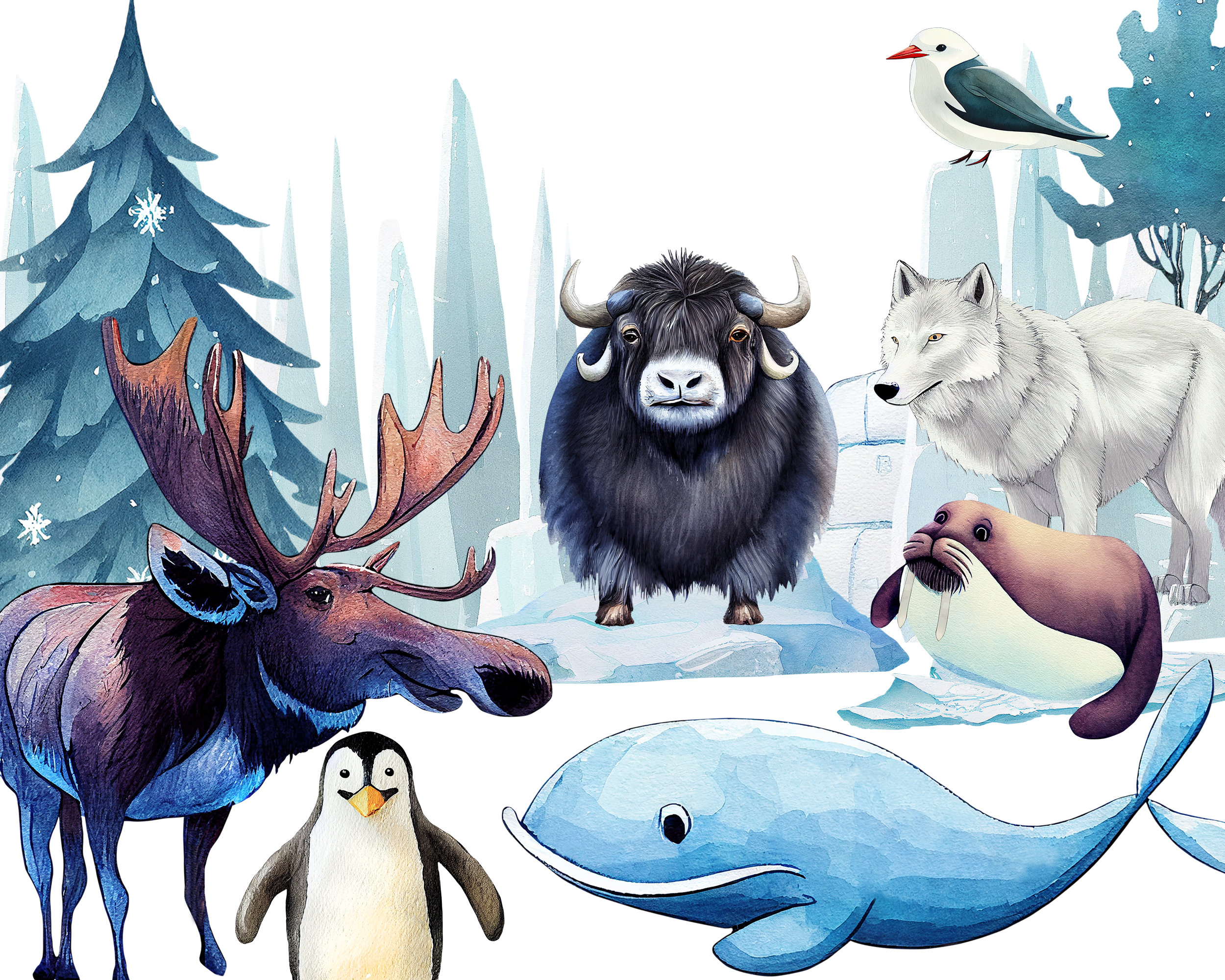 Arctic Animal Clipart - Nordic Animals, Watercolor Winter Animals ...