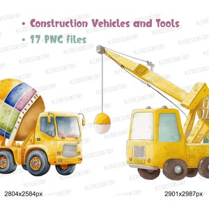 Watercolor Construction Vehicles Dump Truck Crane Clipart Digger ...