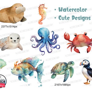 Watercolor Sea Animals Nursery Marine Life Clipart PNG Sealife Clipart ...