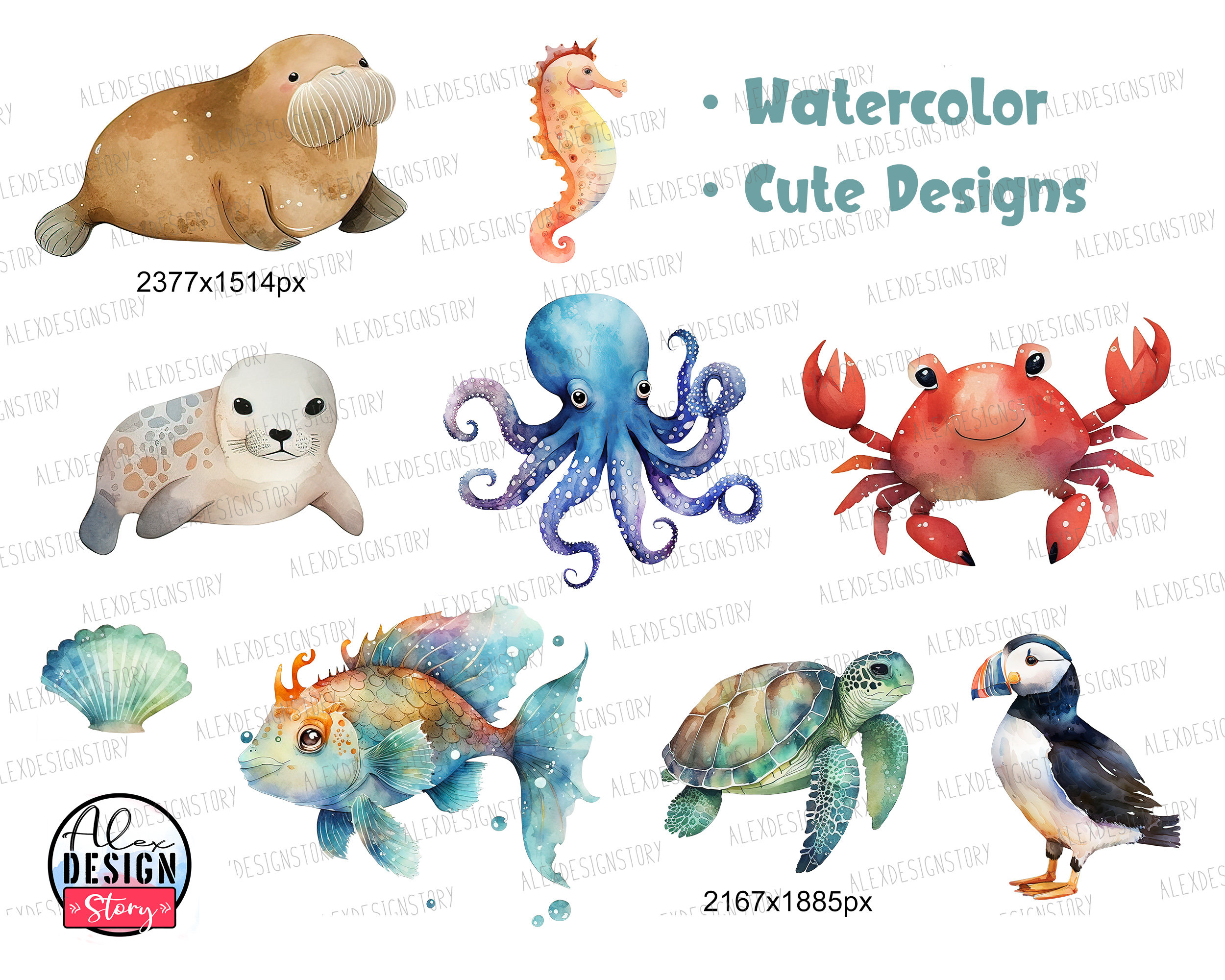 Watercolor Sea Animals Nursery Marine Life Clipart PNG Sealife Clipart ...