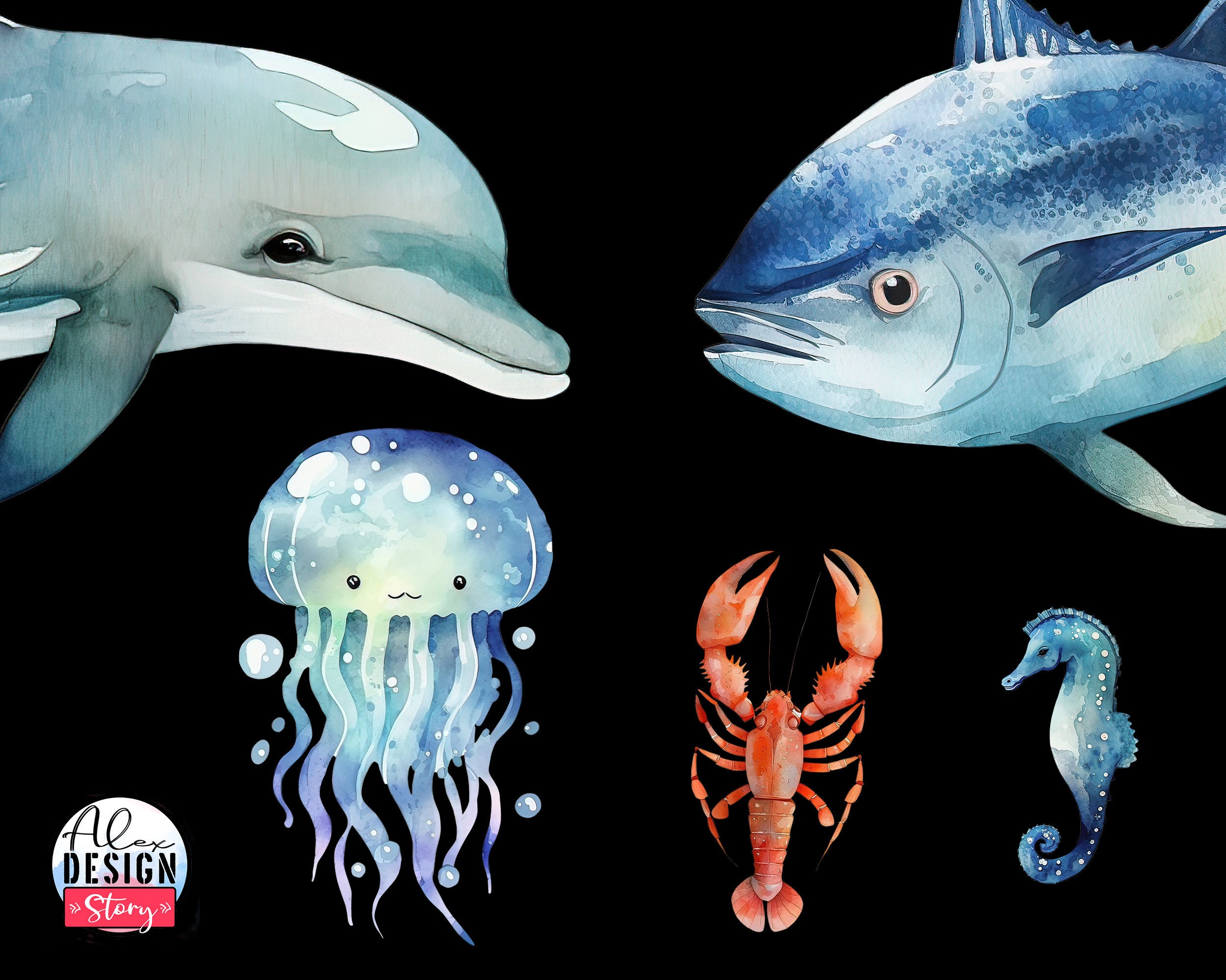Watercolor Sea Animals Nursery Marine Life Clipart PNG Sealife Clipart ...