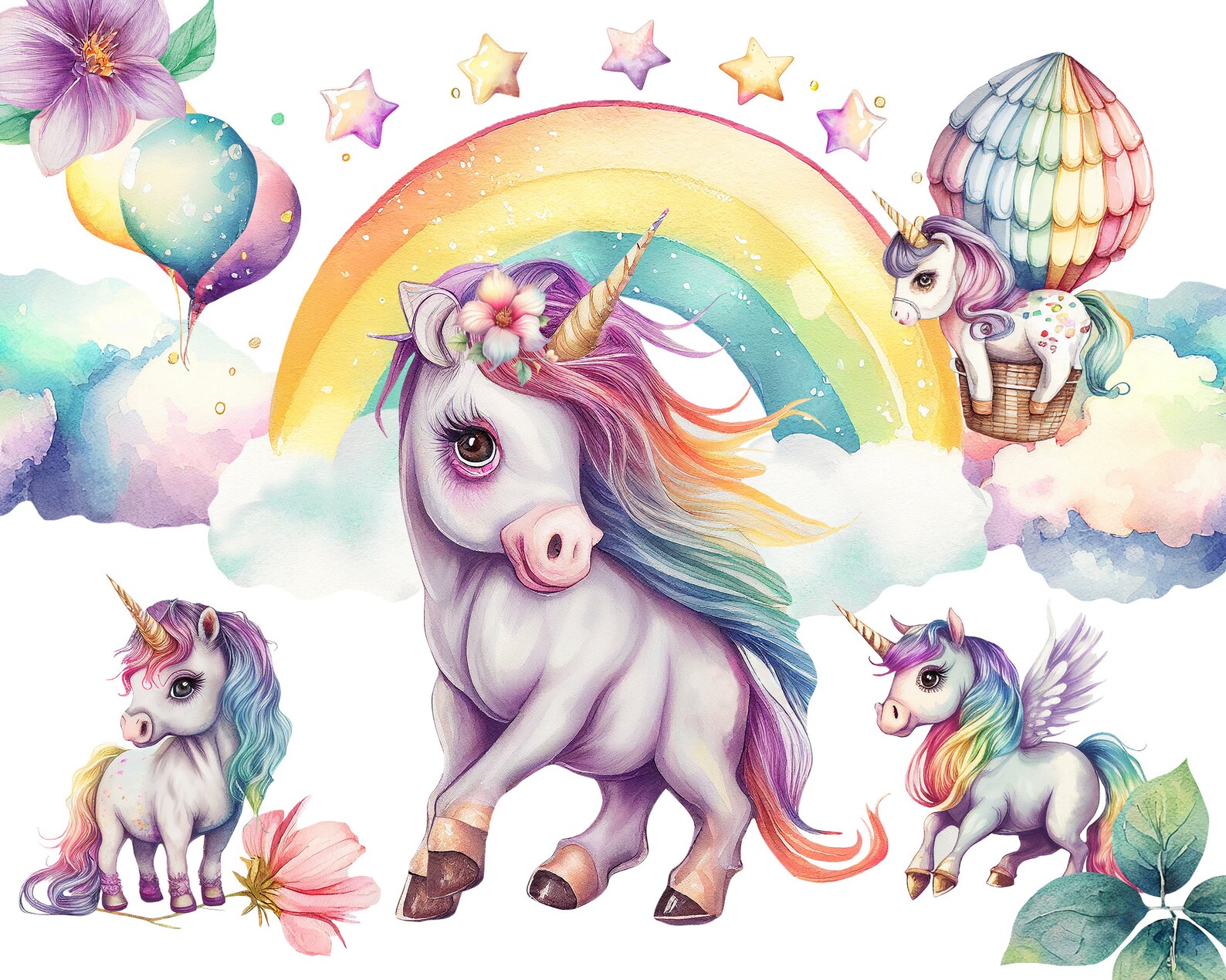 Rainbow Unicorn Clipart Pony Clipart, Rainbow Stars, Watercolor Unicorn ...