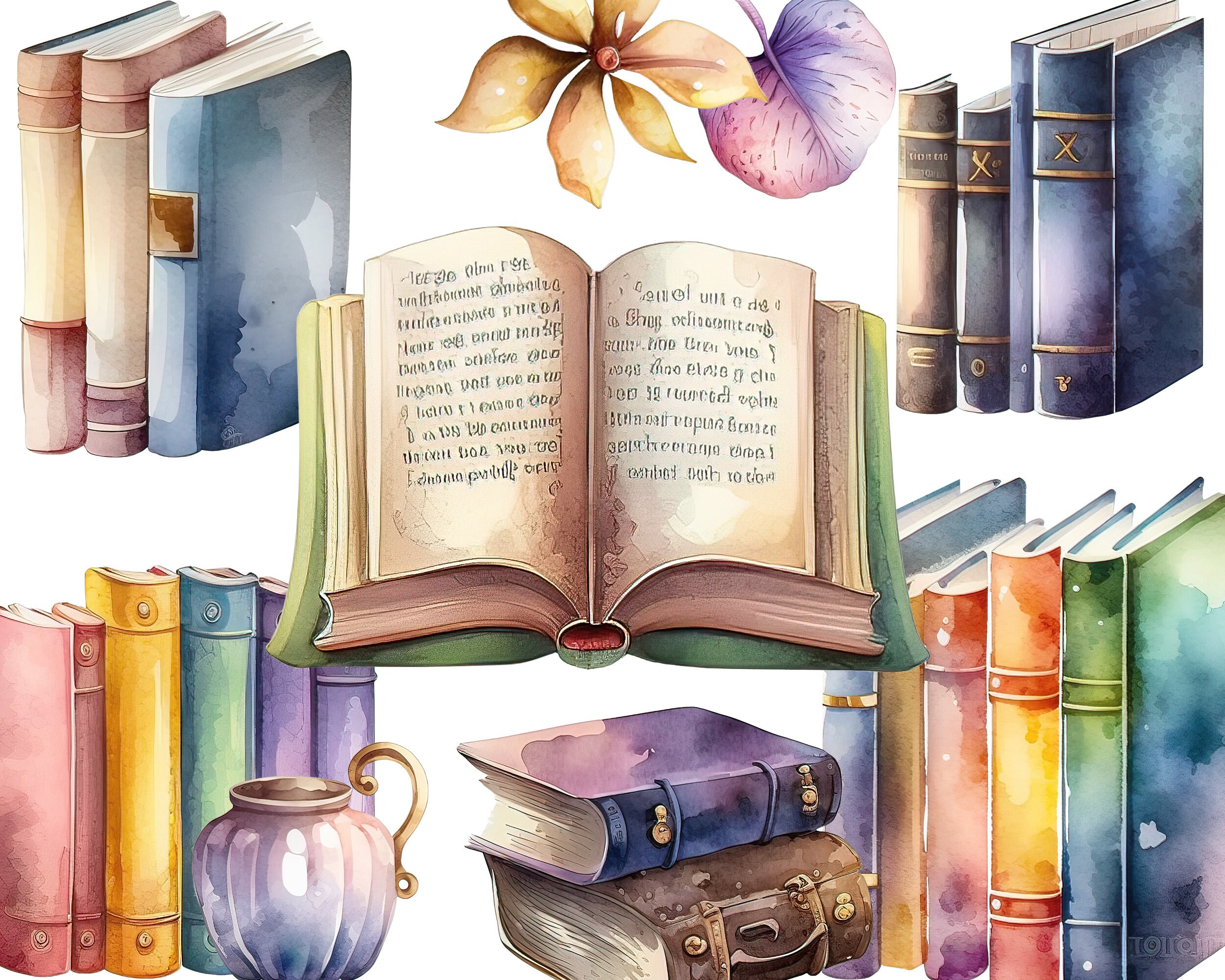 Watercolor Book Clipart - Old Books Bundle Library Clipart, Retro ...