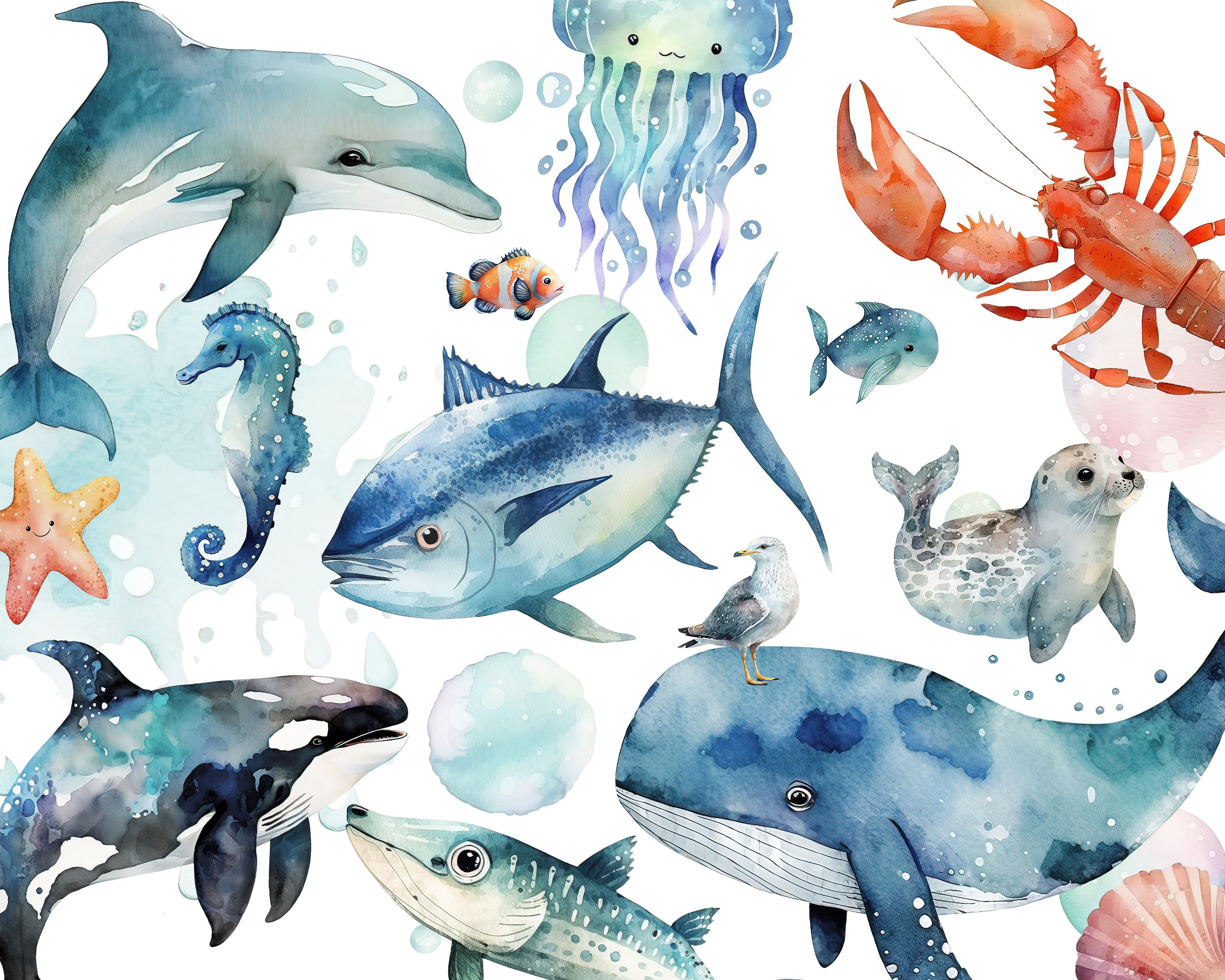 Watercolor Sea Animals Nursery Marine Life Clipart PNG Sealife Clipart ...