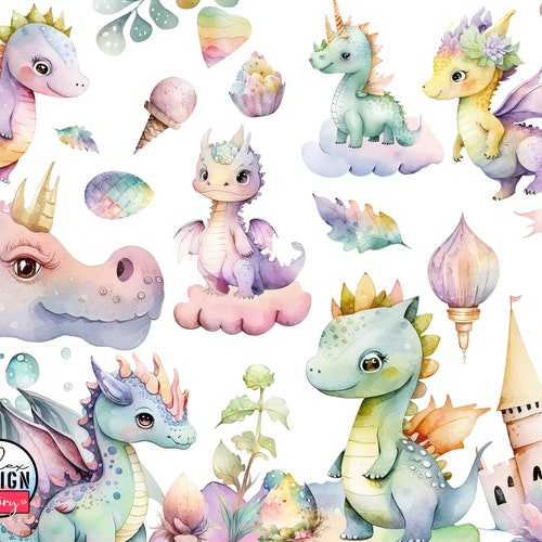 Baby Dragon Clipart Bundle Watercolor Art Fantasy Cute - Etsy