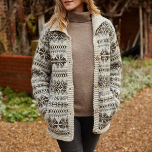 Women's Cream Fair Isle Cardigan - 100% Wool Hand Knit Cardigan ...