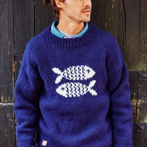Men's and Women's Fish Knitted Jumper - Navy Blue Sweater - 100% Wool ...