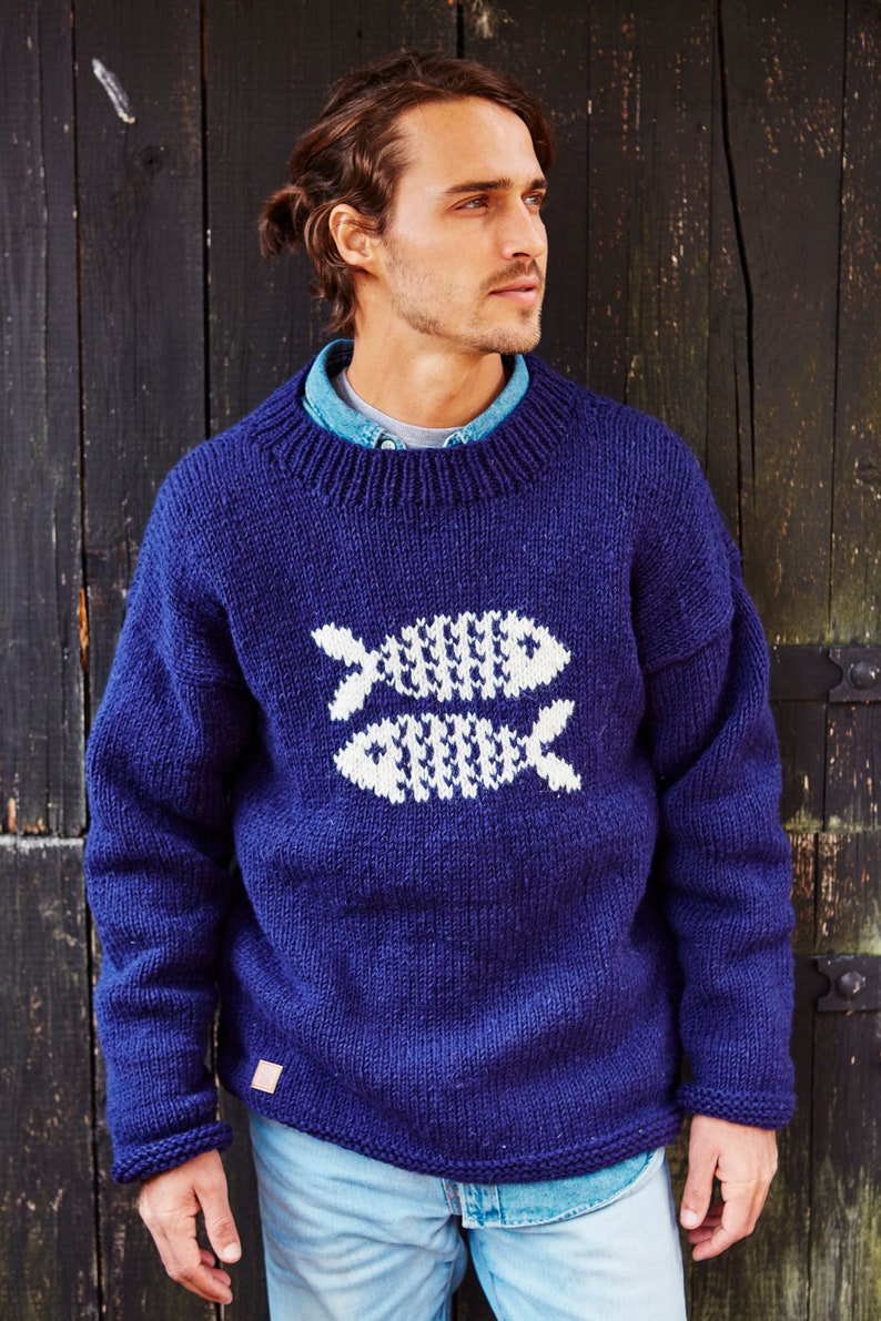 Men's and Women's Fish Knitted Jumper - Navy Blue Sweater - 100% Wool ...