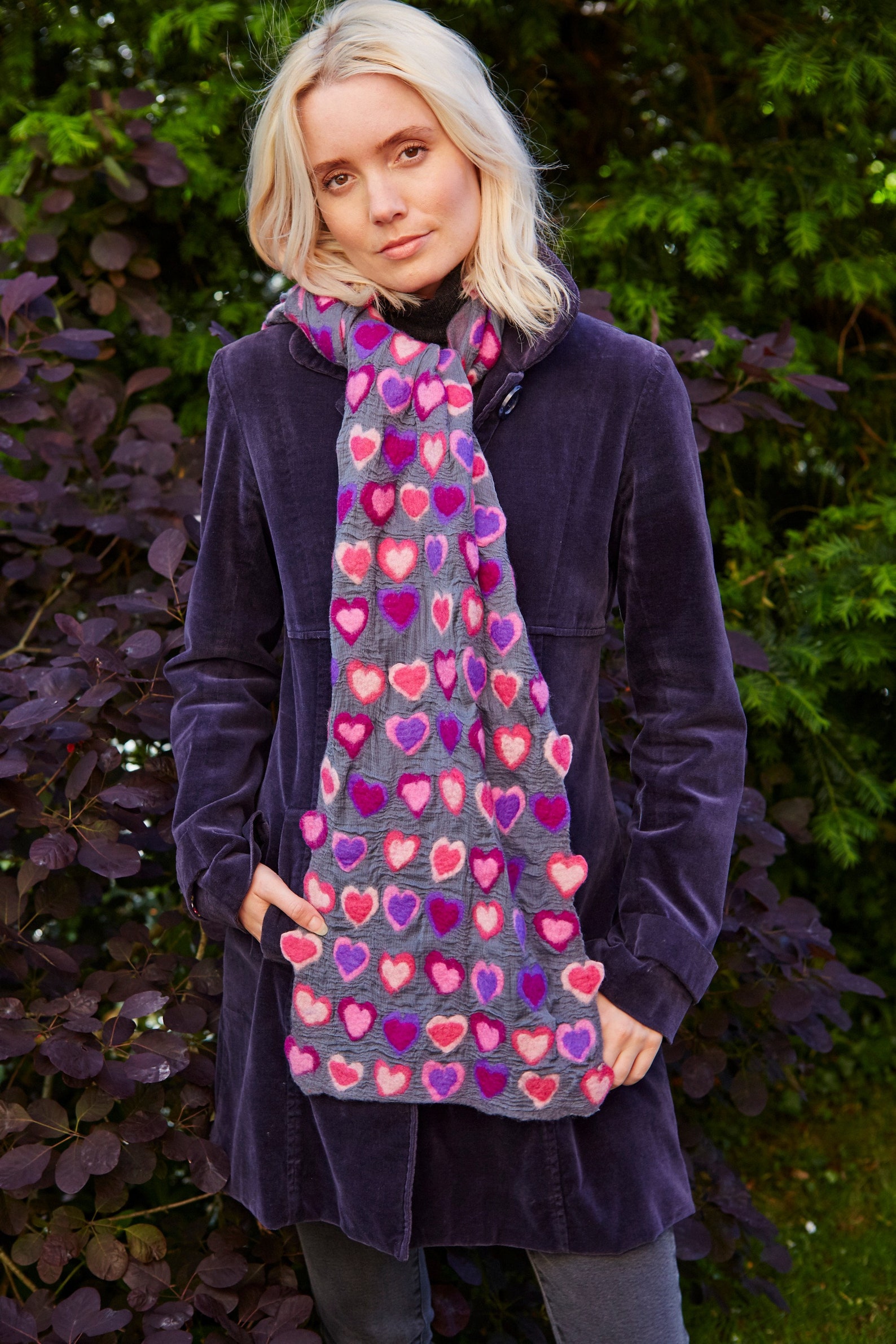 Women's Hand Felted Heart Design Scarf, Merino Wool & Chiffon, Pink and ...