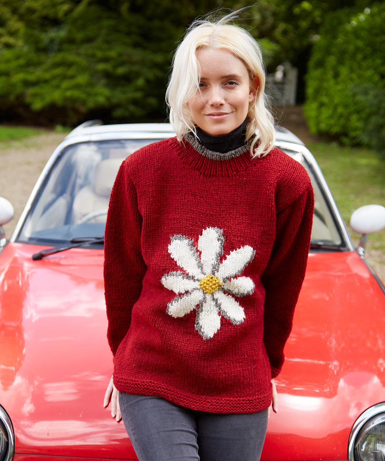 Women's Knitted Daisy Jumper - Red, 100% Wool | Pachamama - Etsy