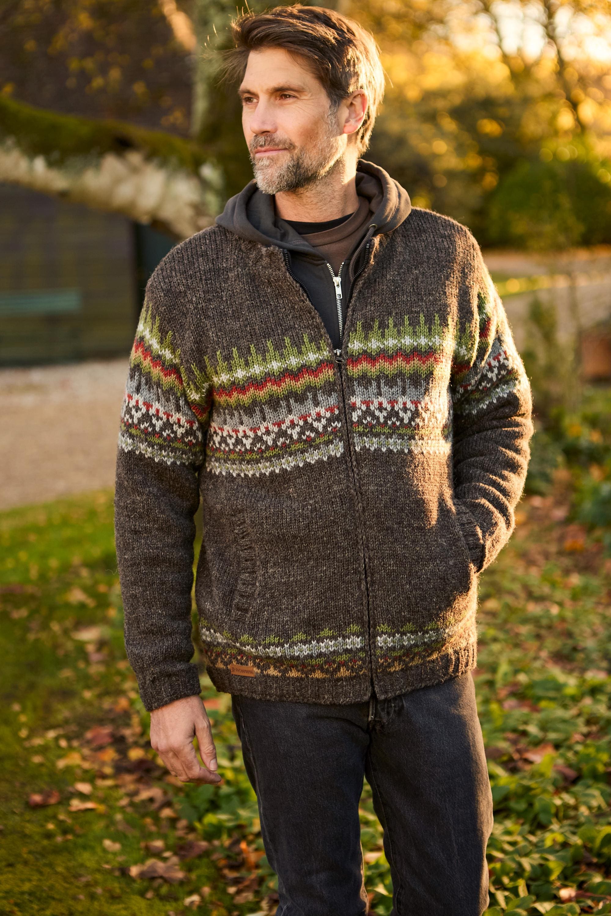 Men's Earth Zip Jacket - Fair Isle Jacket - Brown Knit Jacket - Fleece ...