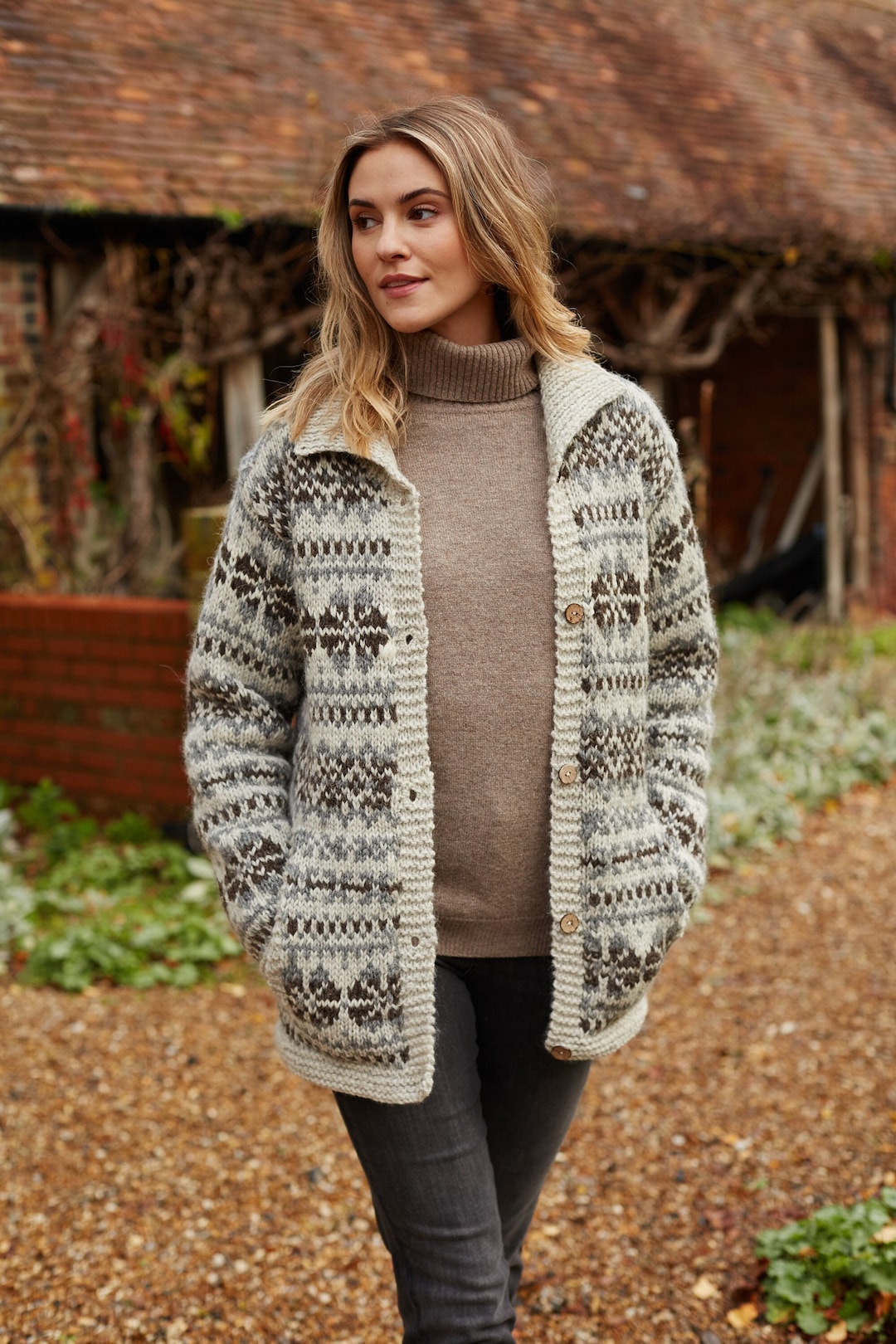 Women's Cream Fair Isle Cardigan - 100% Wool Hand Knit Cardigan ...