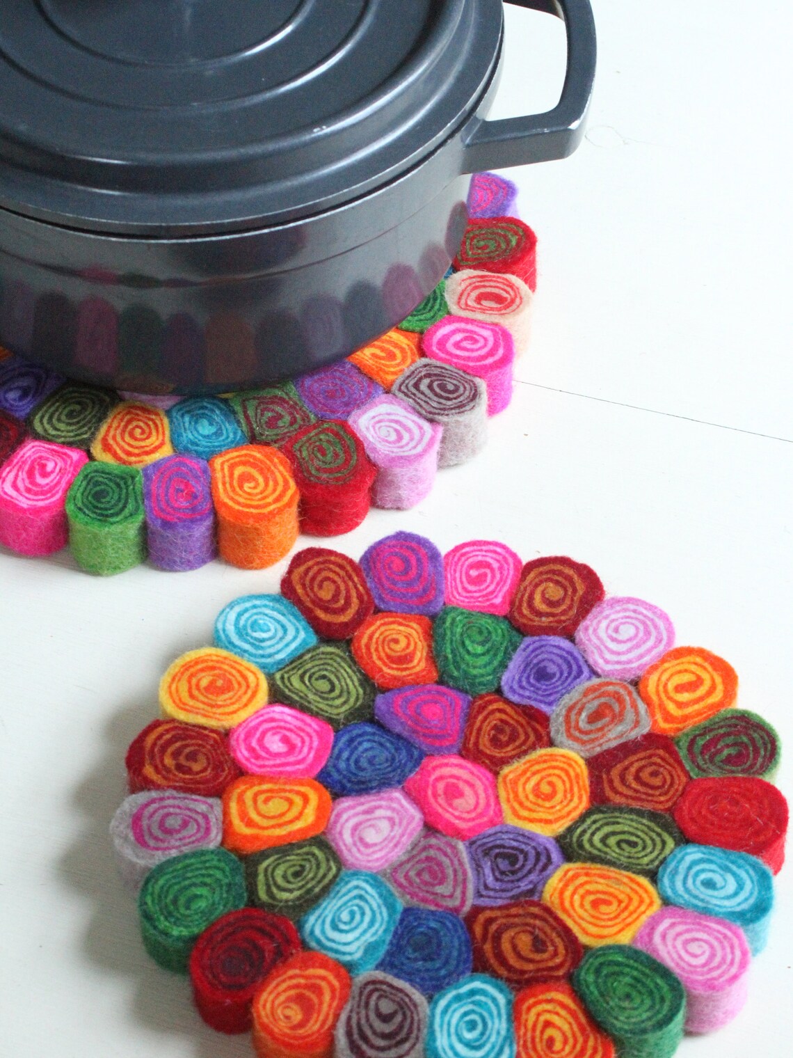 Multicoloured Handfelted Rock Trivet - Felt Worktop Saver - Bright ...