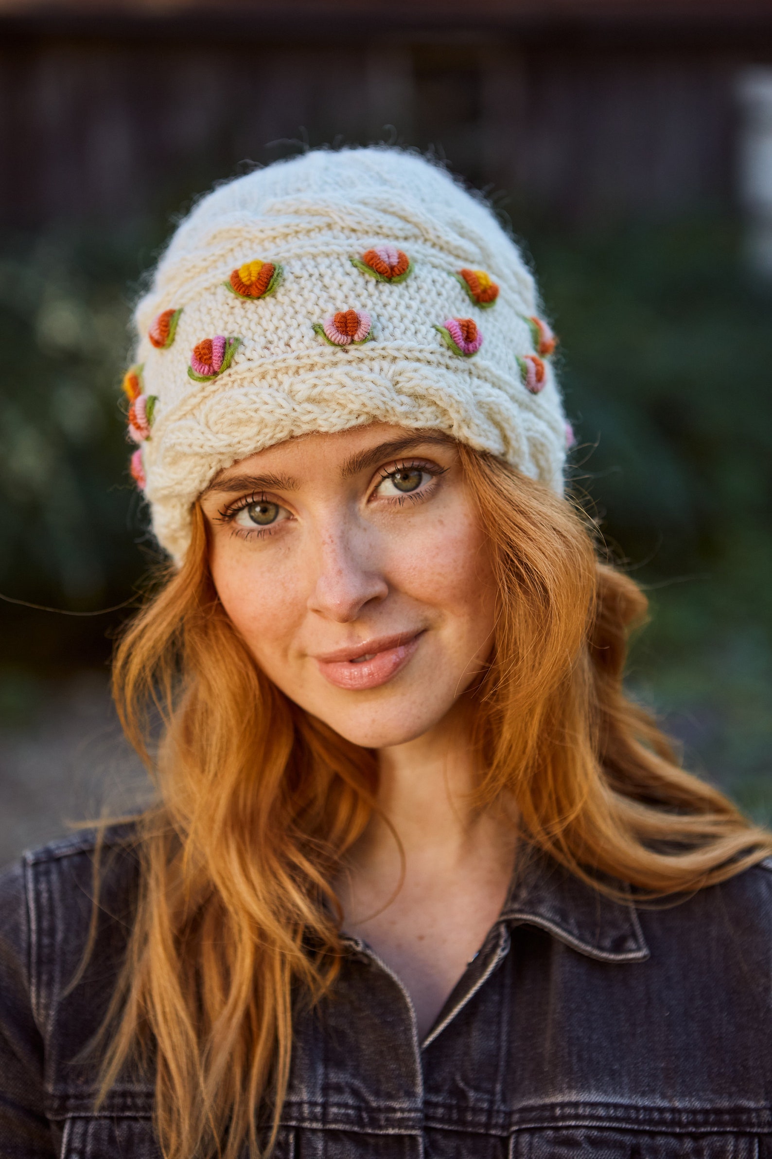 Women's Cream Floral Knitted Hat - Knitted Cream Gloves - Warm Wool ...