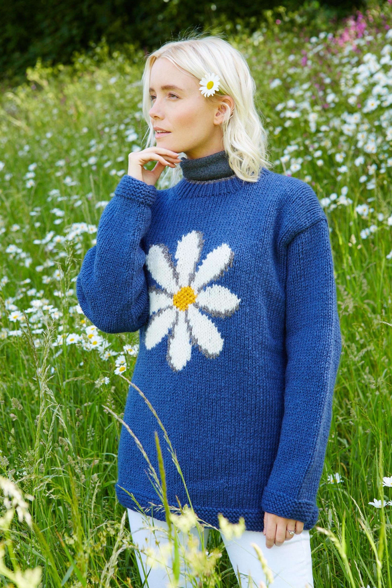 Women's Knitted Daisy Jumper - Denim Blue, 100% Wool | Pachamama - Etsy