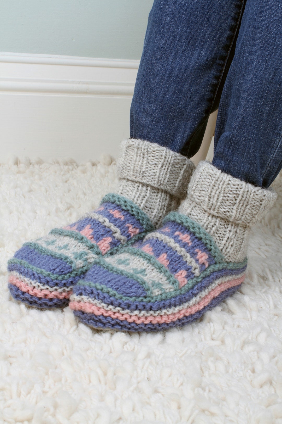 Hand Knitted Fair Isle Lined Sofa Socks - 100% Wool - Slipper Socks ...
