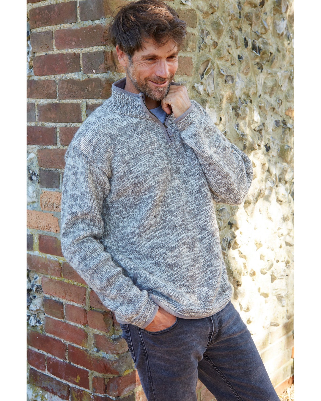 Men's Half Zip Grey Sweater, 100% Wool Hand Made, Light Grey Colours ...