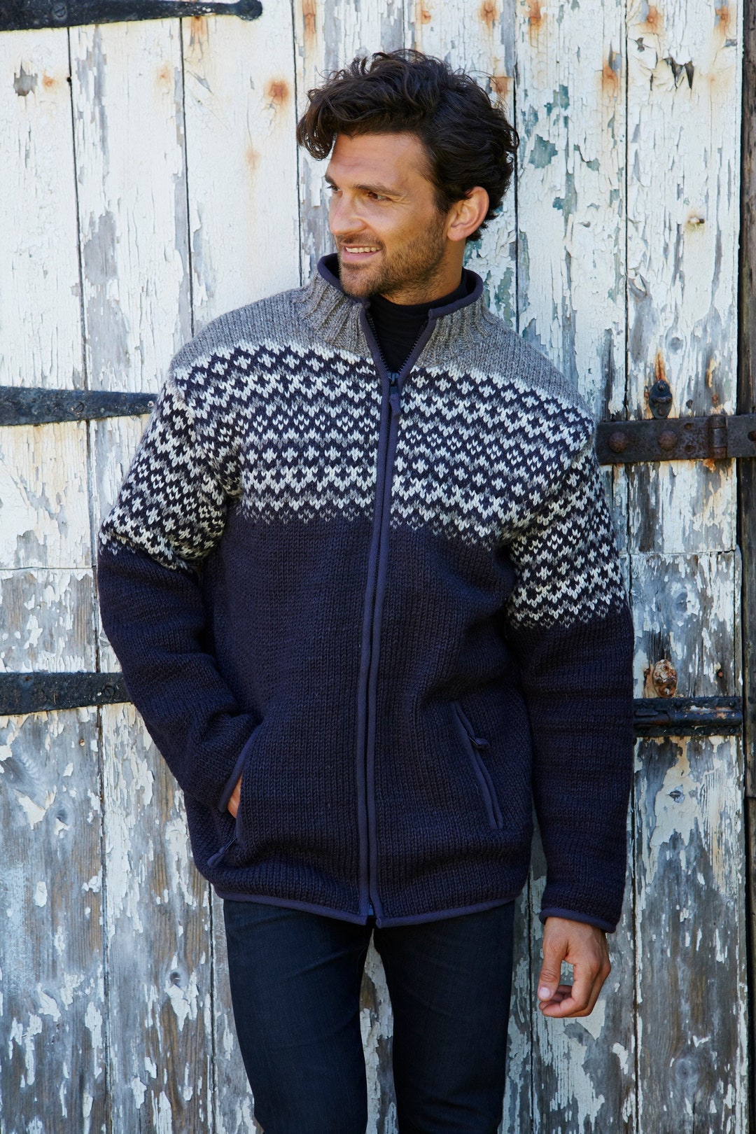 Men's Handmade Fair Isle Zip Jacket, 100% Wool, Fleece Lined Jacket ...