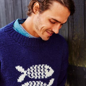 Men's and Women's Fish Knitted Jumper - Navy Blue Sweater - 100% Wool ...