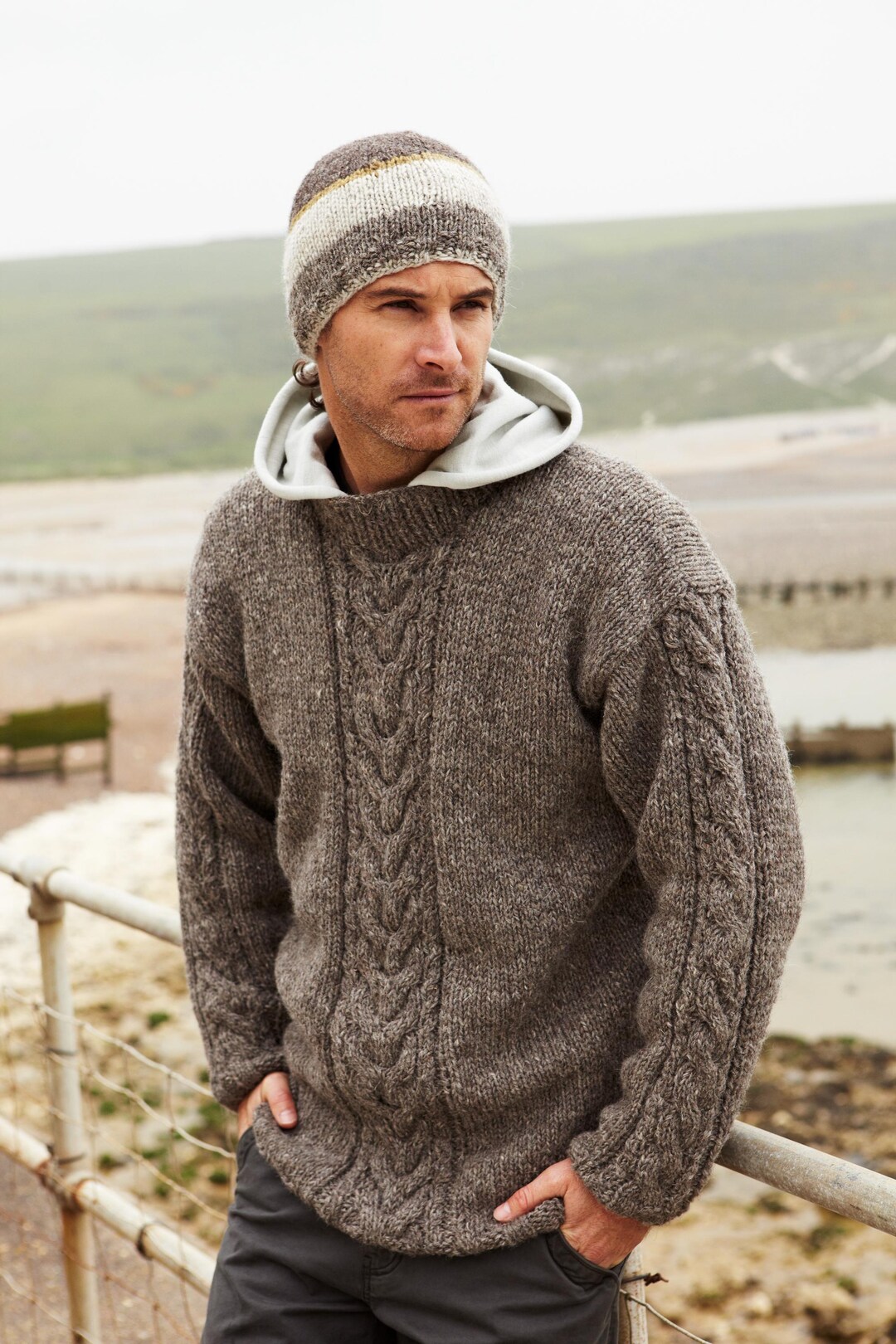 Mens Cable Knit Sweater - Grey Knit Jumper- Mens Cable Knit Sweater ...