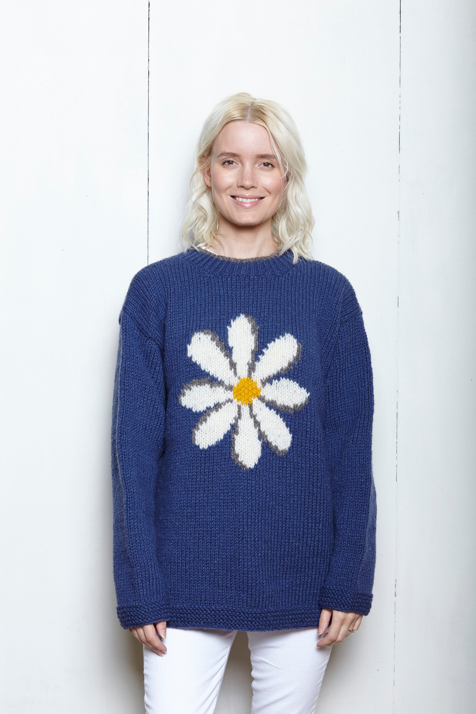 Women's Knitted Daisy Jumper - Denim Blue, 100% Wool | Pachamama - Etsy