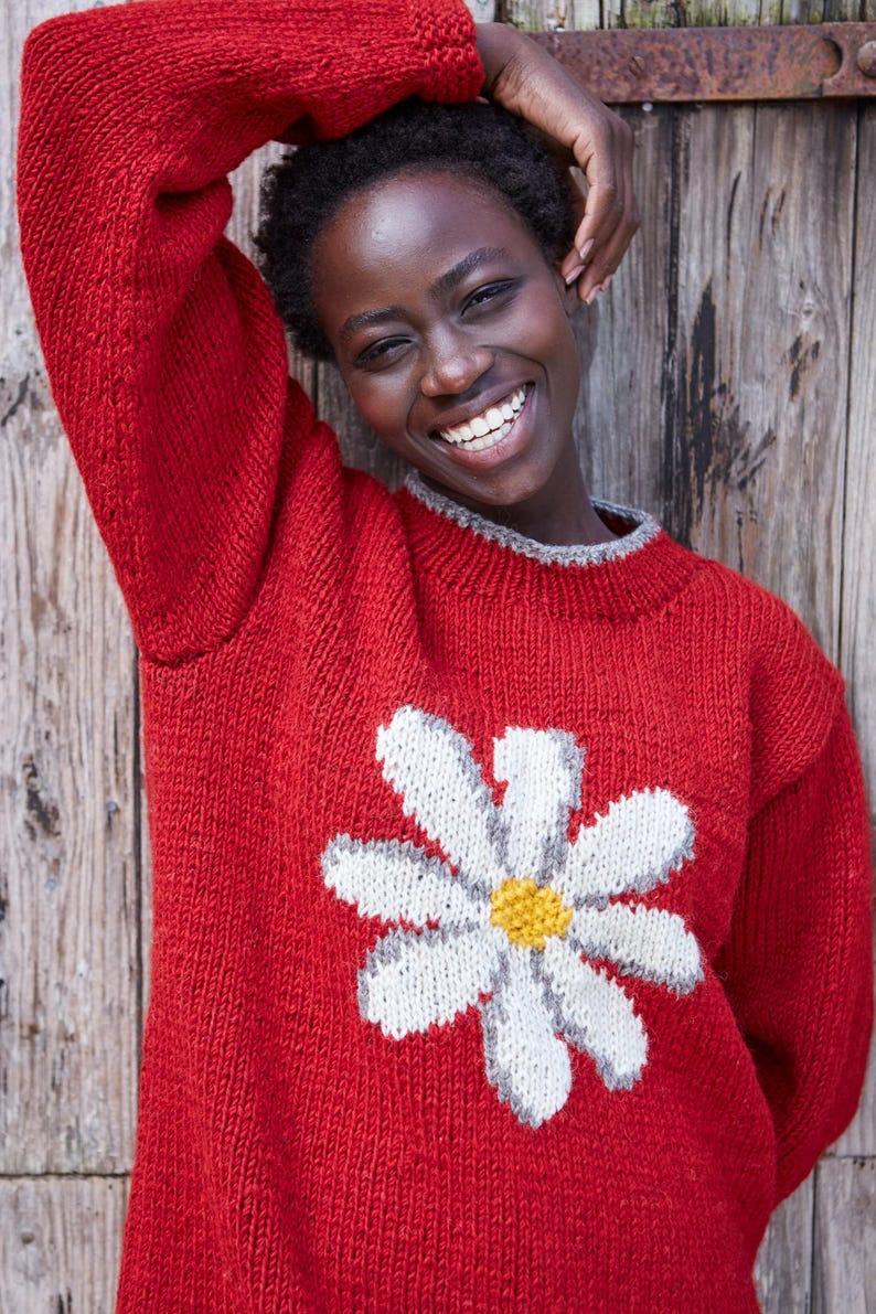 Women's Knitted Daisy Jumper - Red, 100% Wool | Pachamama - Etsy
