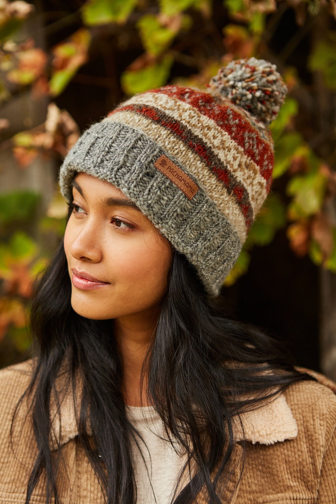 Women's Fair Isle Knitted Roll Back Bobble Beanie - 100% Wool ...