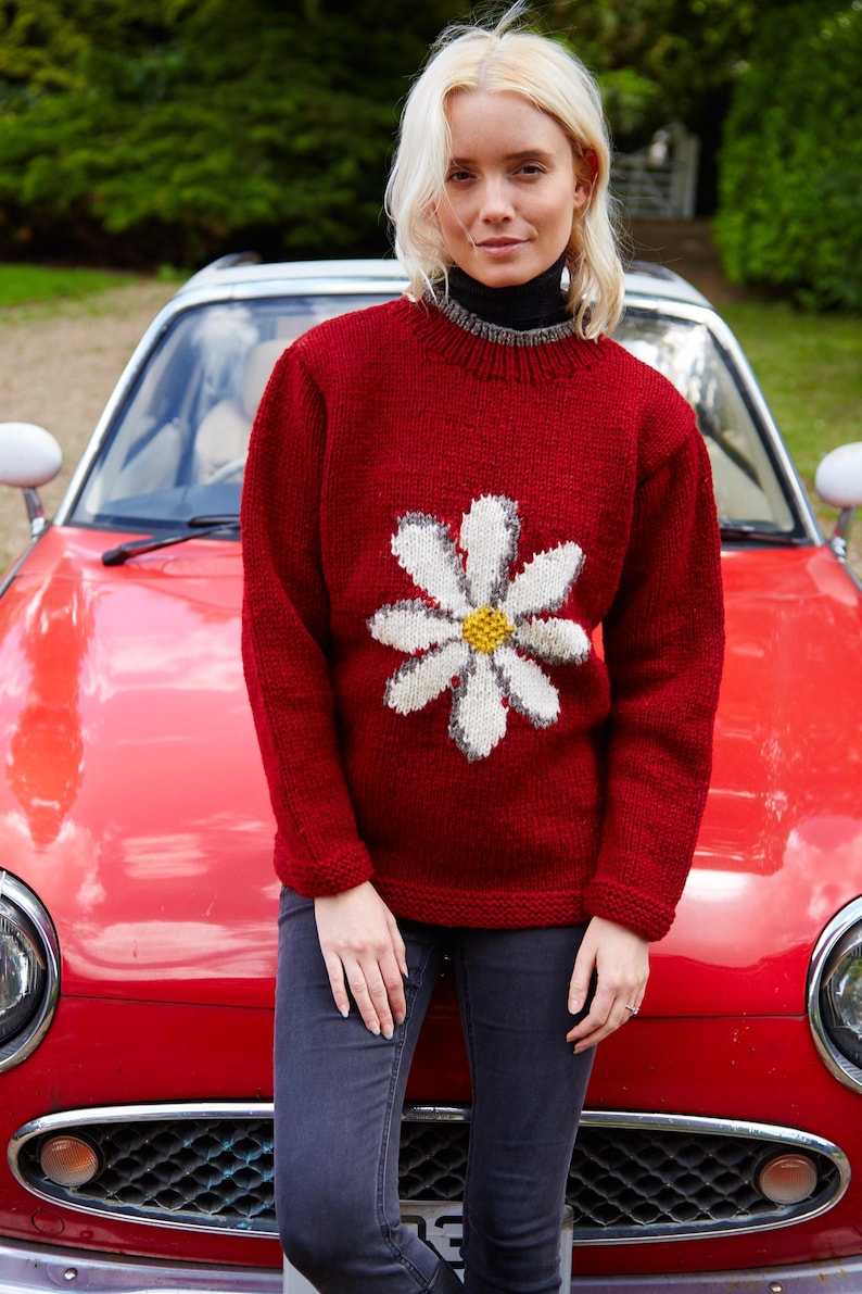 Women's Knitted Daisy Jumper - Red, 100% Wool | Pachamama - Etsy