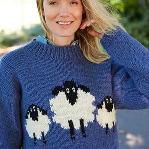 Women's Knitted Sheep Jumper - Blue Knit Sweater - Oversized Farm ...