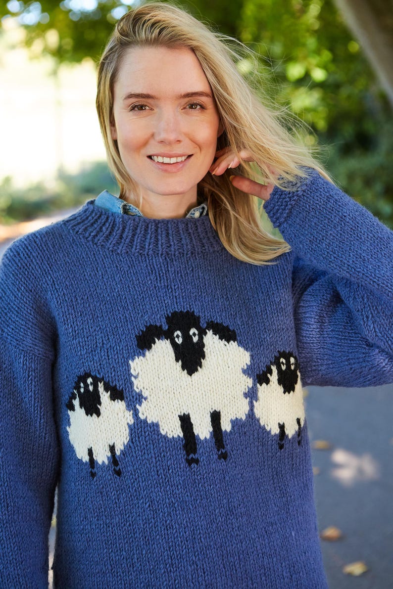 Women's Knitted Sheep Jumper - Blue Knit Sweater - Oversized Farm ...