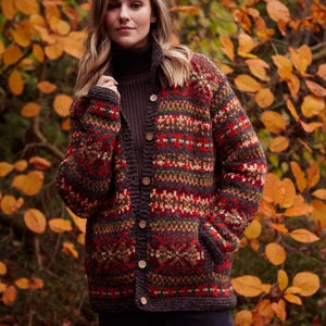 Women's Earthy Warm Cardigan - Fair Isle Boho Cardi - Red and Orange ...