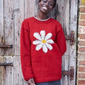 Women's Knitted Daisy Jumper - Red, 100% Wool | Pachamama - Etsy