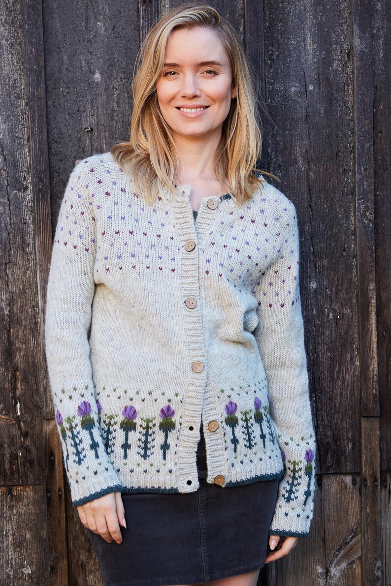 Knitted Thistle Cardigan - Floral Button up Cardi - Embroidered Flowers ...