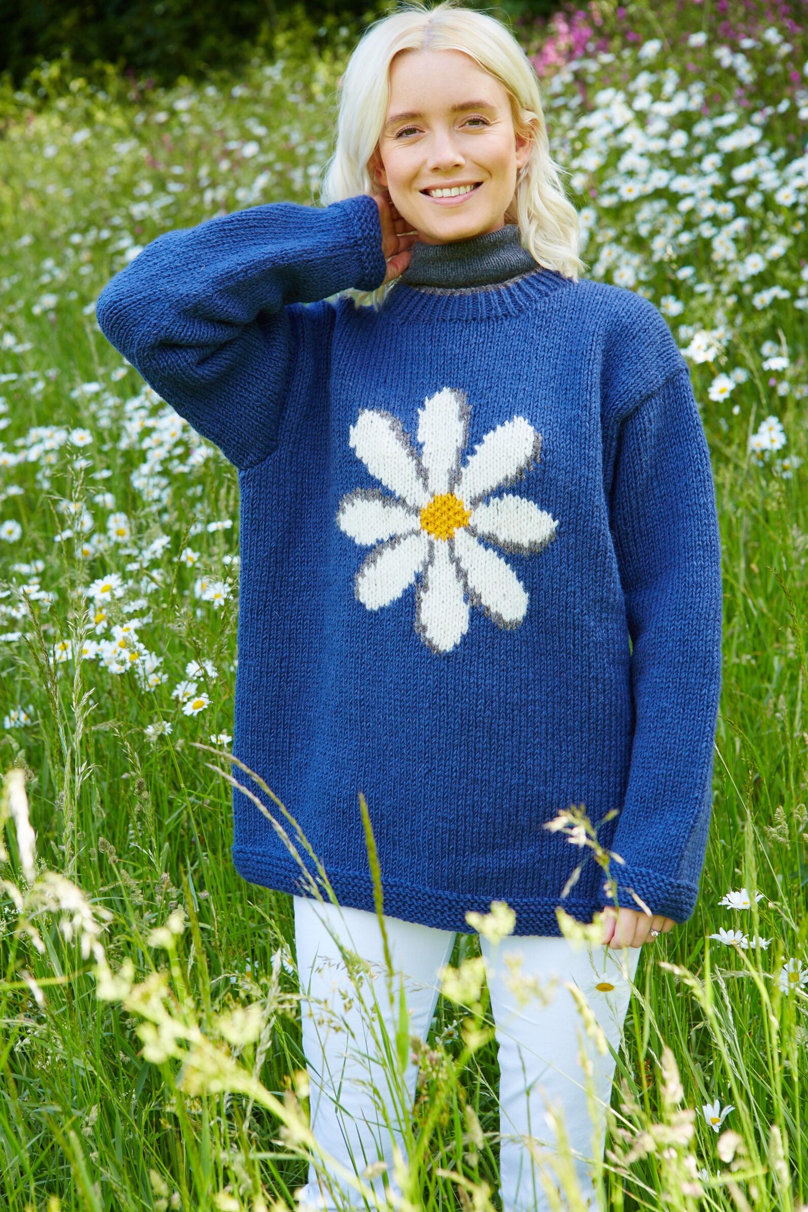 Women's Knitted Daisy Jumper - Denim Blue, 100% Wool | Pachamama - Etsy