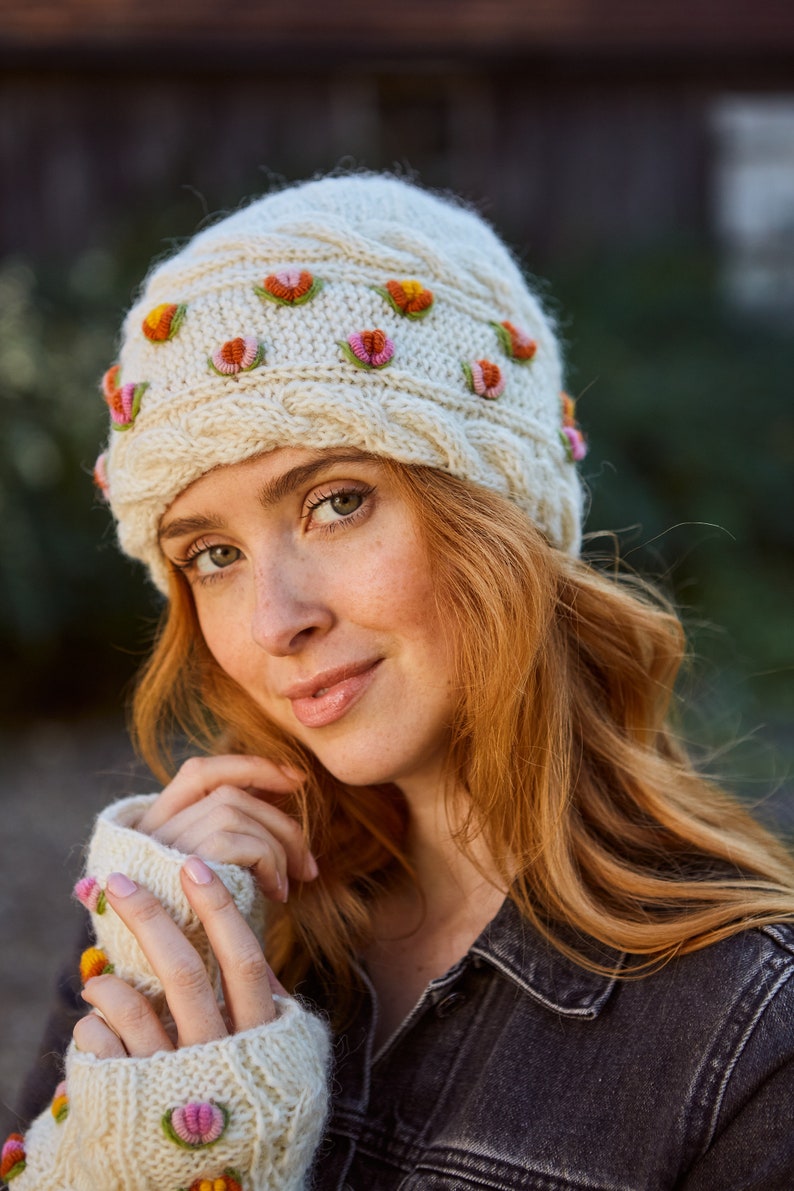 Women's Cream Floral Knitted Hat - Knitted Cream Gloves - Warm Wool ...